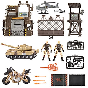 JOYIN Desert Military Base Toy Set Including Military Base, Military Tank, Military Helicopter, Military Motorcycle, Army Men Action Figures and Weapon Gear Accessories for Over 3 Years Old Boys