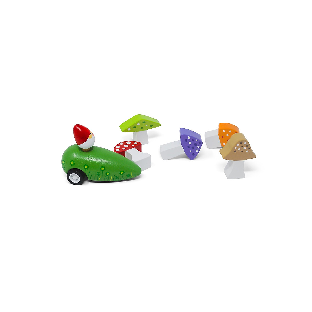Gnome and Mushroom 6 Piece Bowling Game by Jack Rabbit Creations – Pull-Back Car and Garden Mushroom Stacking Pins – Classic Wooden Toy – Develops Hand Eye Coordination & Motor Skills - Ages 3+ Years