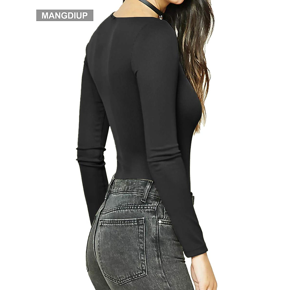 MANGDIUP Women's Round Collar Long Sleeve Elastic Bodysuit Jumpsuit (Black, XXL)