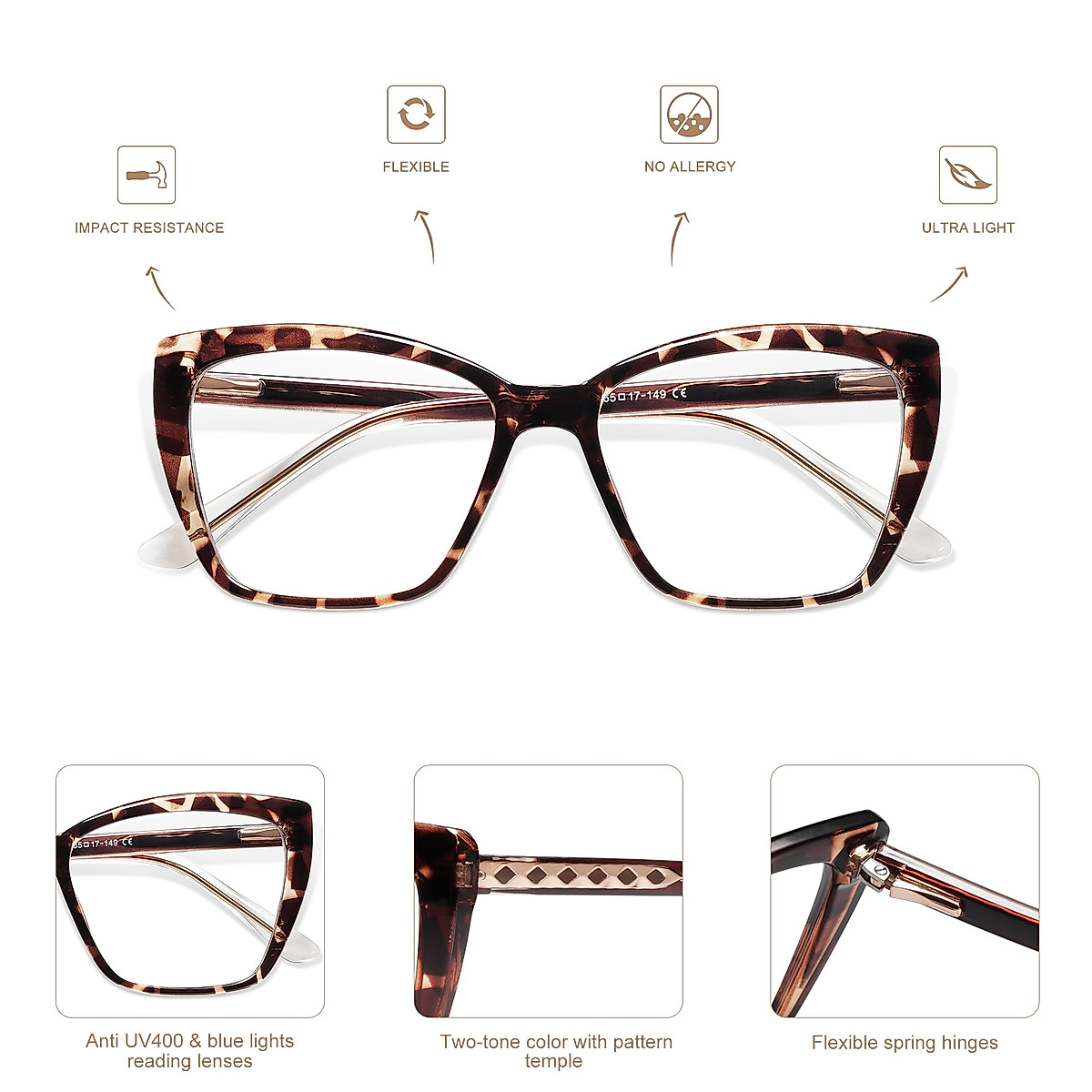 AMOMOMA Trendy TR90 Oversized Blue Light Reading Glasses Women,Stylish Square Cat Eye Glasses AM6031 C1+C6 1.5 x