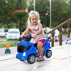 OLAKIDS Kids Ride On Push Car, 2 in 1 Foot-to-Floor Sliding Truck with Detachable Trailer, Steering Wheel, Headlights, Music, Alarm Sound, Toy Walker Gift for Toddlers Age 1.5-3 Boys Girls (Blue)
