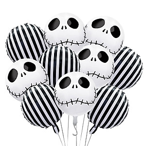 10Pcs Halloween Balloons Decorations Happy Halloween Party Foil Mylar Balloons Halloween Skull Balloons Black White Strip Balloons for Halloween Birthday Baby Shower Wedding Party Decor Supplies