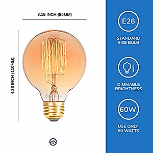 Basics Hardware Edison Light Bulb | Antique Vintage Style Light | Amber Warm Incandescent | (4 Globe Bulbs)