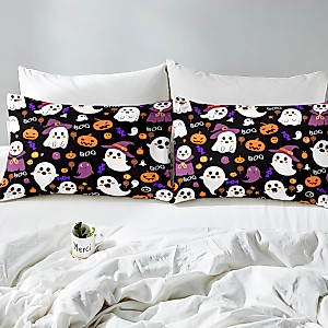 Feelyou Kids Cartoon Halloween Fitted Sheet Cute Ghost Pumpkin Sheets Set for Child Boys Girls Black Purple Queen Size Bedding Set Decoration Kawaii Bed Sheet Set Collection