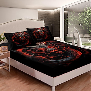 Red Black Dragon Fitted Sheet Queen Size,Glowing Flame Dragon Bedding Set 3Pcs for Kids Boys Men Adult Bedroom Decor,Wild Animals Bed Sheet Cool Magical Style Deep Pocket Sheet,2 Pillowcases