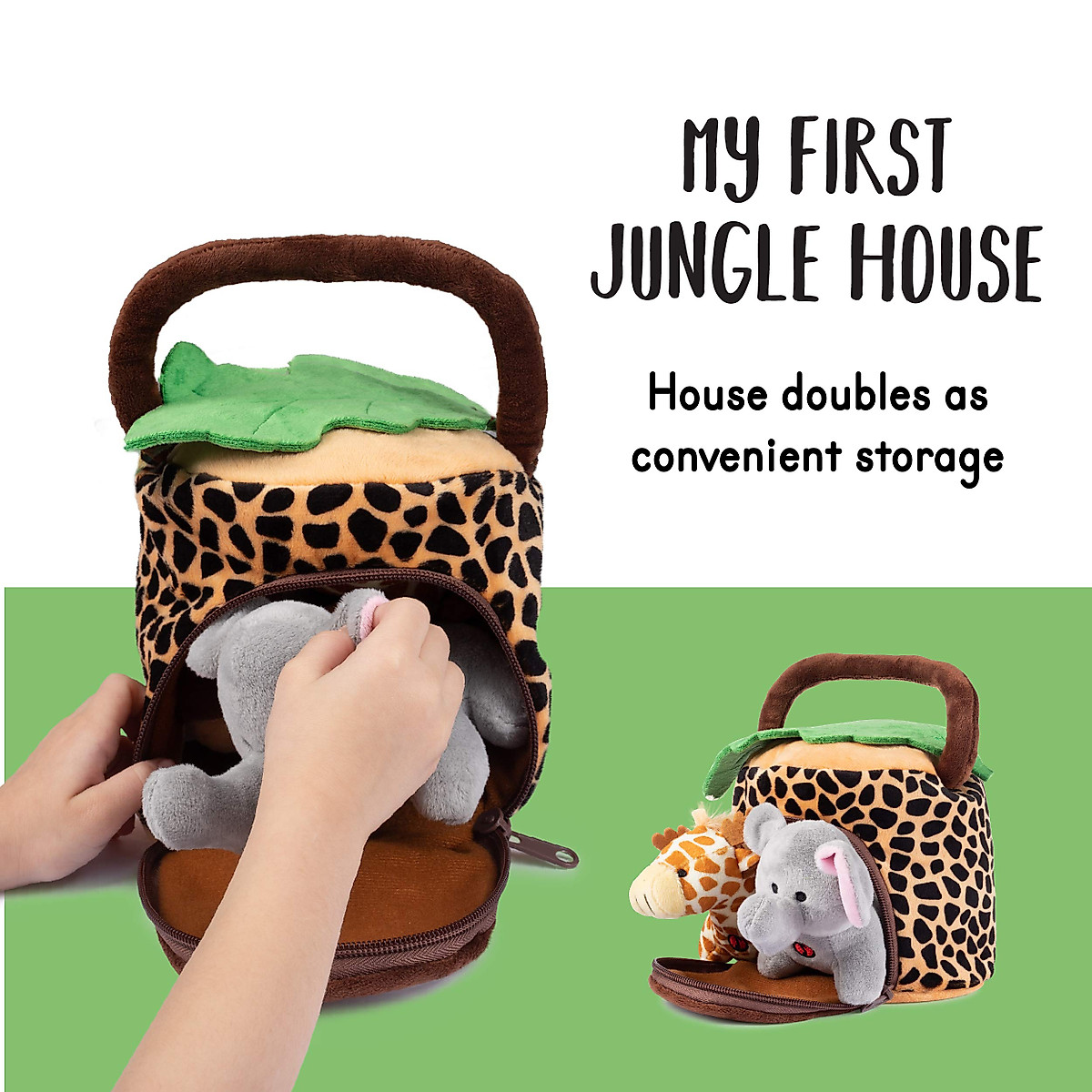 Talking Plush Jungle Animals Set: 4 Soft Safari Toys - Elephant, Monkey, Giraffe, Tiger & Jungle House Carrier