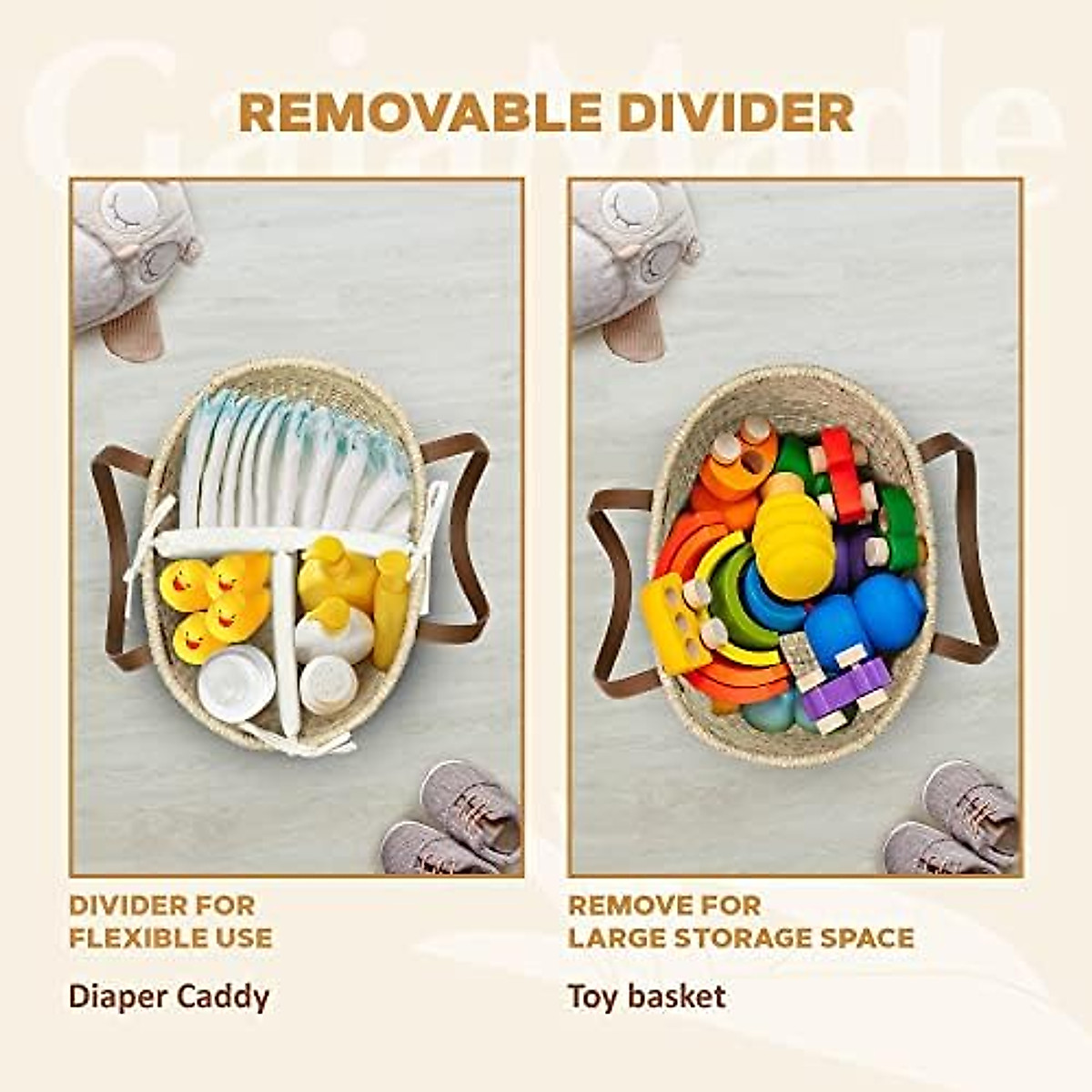 GAIAMADE Seagrass Diaper Caddy, Practical Diaper Holder with Handles, Hand-woven Baby Diaper Caddy Organizer, Neutral Nursery Organizing, Decoration and Gift (included 2 Cotton Drawstring Bags)