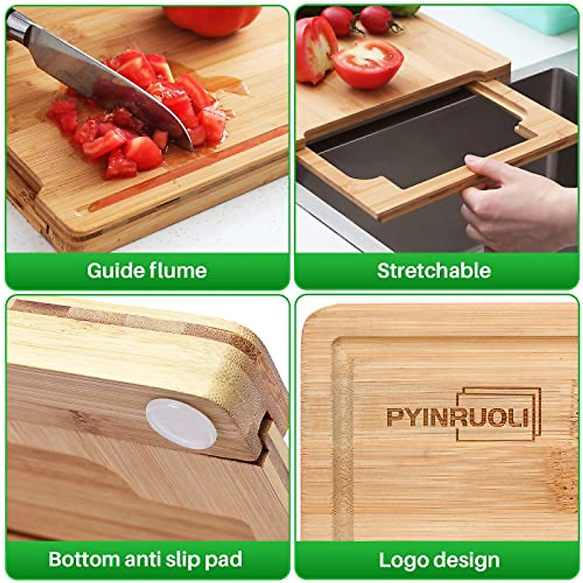 PYINRUOLI Expandable Bamboo Cutting Board With Containers,Over The Sink Cutting Board For Kitchen,Meal Prep deck For Food (Green) Large