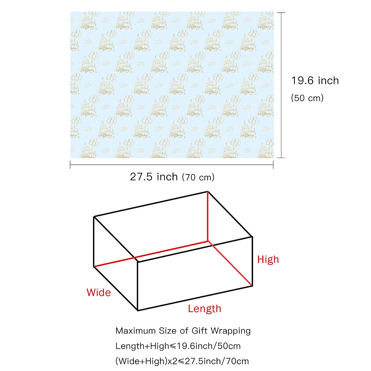 LeZakaa Birthday Wrapping Paper Sheet - Blue Color with Gold Foil - Birthday Party/Cake/Banner/Gift Box for Gift Wrap - 27.5" x 19.6" x 8 Sheets