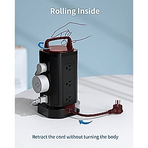 Power Strip Surge Protector Tower 2100J, SUPERDANNY Extension Cord with Multiple Outlets, 12 AC 6 USB Charging Station, Handle Cord Retracting, 6.5ft Overload Protection for Garage, Workbench, Black