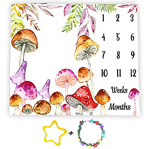 Mushroom Theme Baby Monthly Milestone Blanket, 48x40in Soft Flannel, Watercolor Backgrounds, Newborn Mom Gifts, Baby Shower Age Growth Tracker with Bonus Maker BTLSSS1