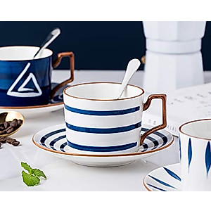 Jusalpha Japanese style hand printed- 7oz Fine China Tea Cup/Coffee Cup With Spoon and Tray/Saucer Set, Tableware, Serve of 4, TCS25