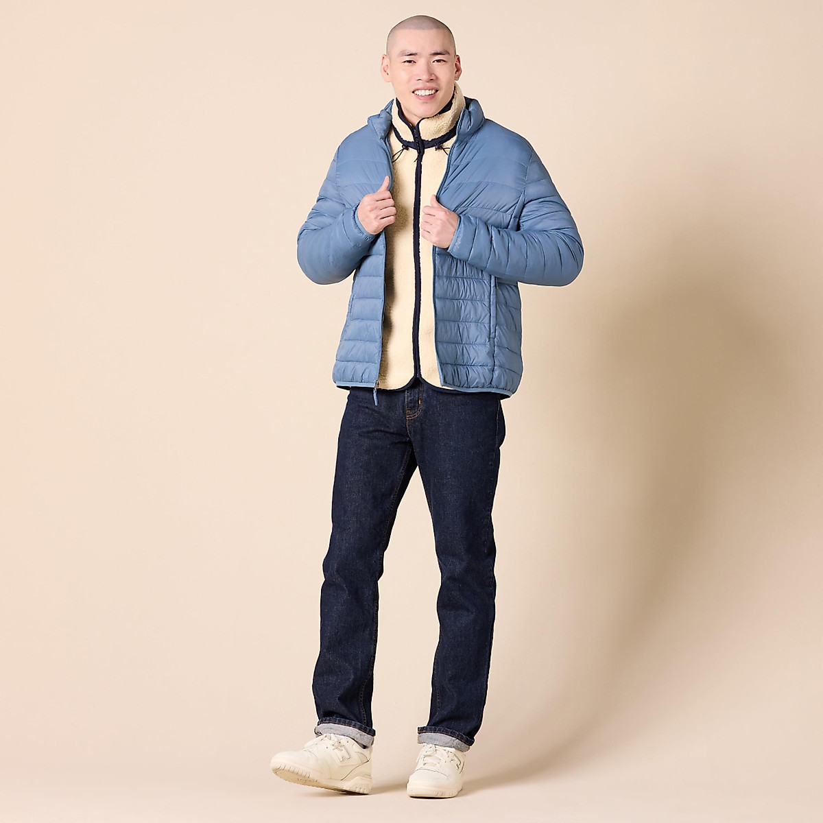 Amazon Essentials Men's Teddy Fleece Full-Zip Mock Neck Jacket with Chest Pockets, Beige, X-Large