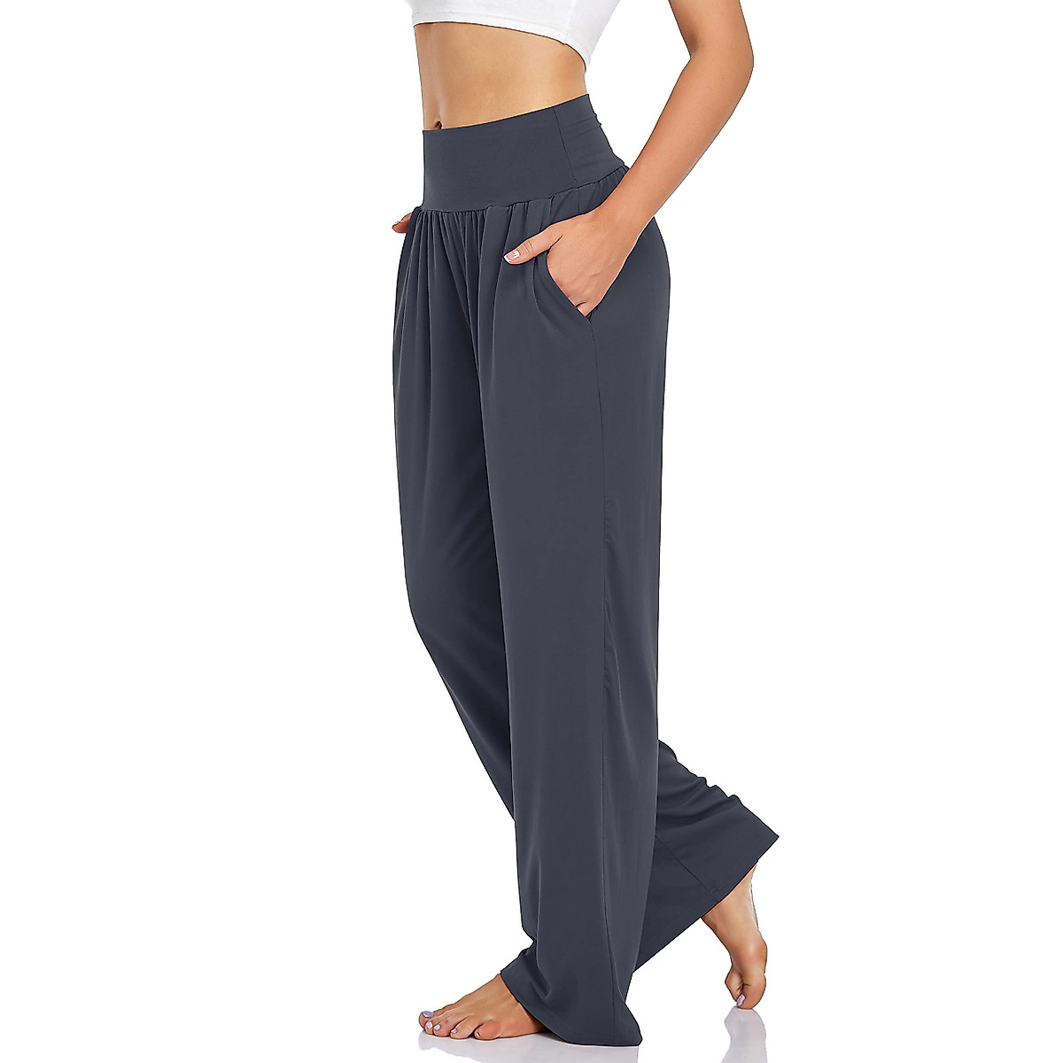 UEU Women's Wide Leg Comfy Yoga Pants High Waisted Casual Loose Fit Ladies Sweatpants Lounge Sports Athletic Pants with Pockets(Darkgray,L)