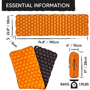 POWERLIX Ultralight Inflatable Camping Sleeping Pad - Camping Mattress for Backpacking, Hiking, Compact Lightweight Air Pad for Camping, Inflation Hand Pump Bag/Repair Kit Included