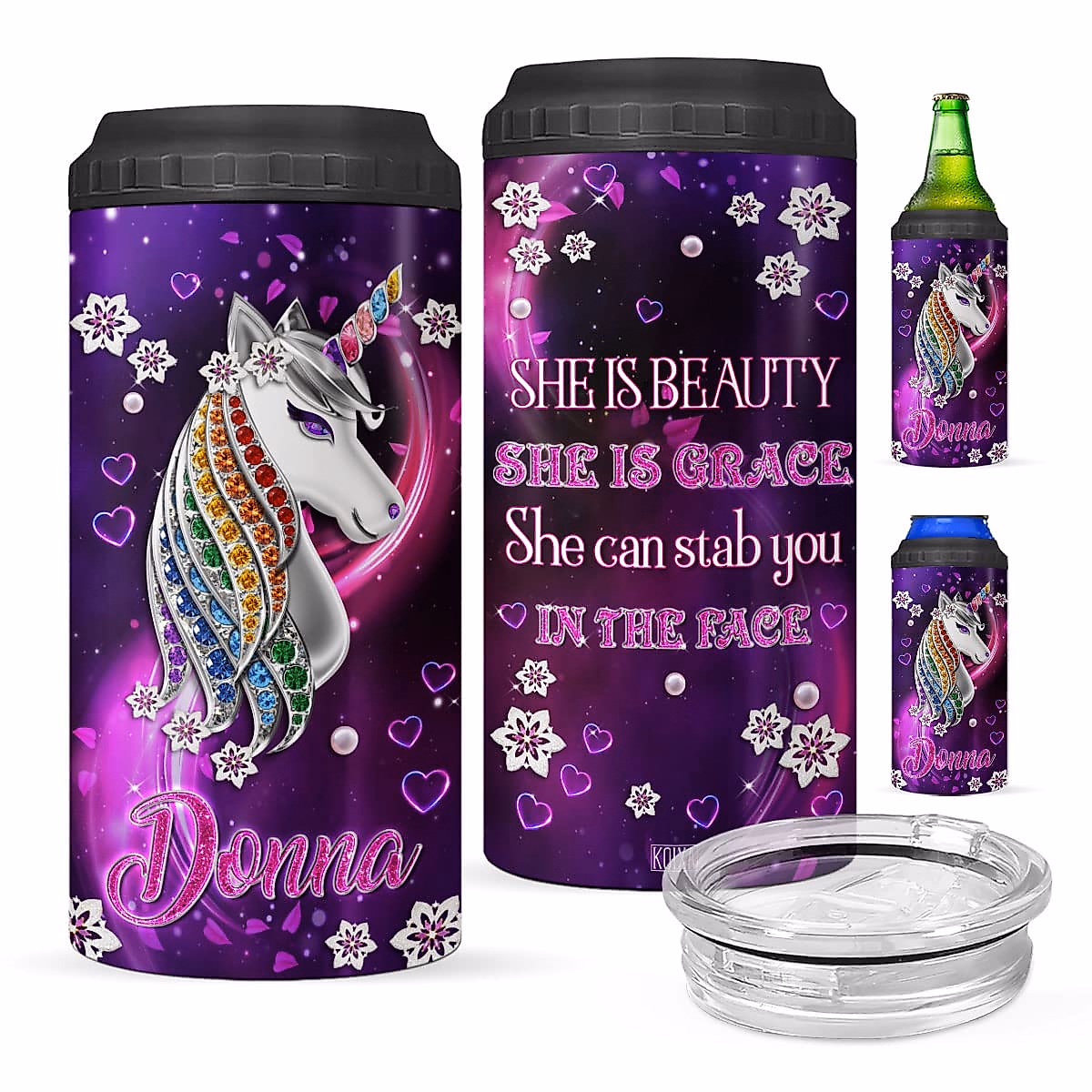 KOIXA Unicorn Can Cooler Insulated 4-in-1 16 Oz She Is Beauty She Is Grace She Can Stab You In The Face Stainless Steel Can Holder Travel Cup Funny Sarcastic Gifts For Women