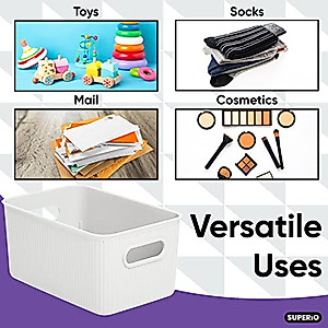 Superio Decorative Plastic Open Home Storage Bins Organizer Baskets, Medium White (1 Pack) Container Boxes for Organizing Closet Shelves Drawer Shelf - Ribbed Collection 5 Liter