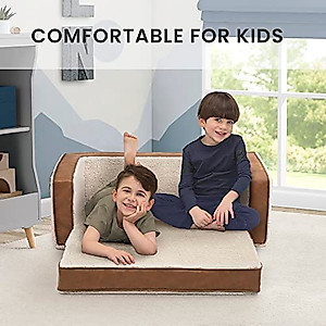 Delta Children Cozee Flip-Out Sherpa 2-in-1 Convertible Sofa to Lounger for Kids, Cream Sherpa/Faux Leather