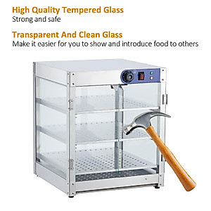 Commercial Food Warming Display Cabinet, 20" 3 Tier, 800 Watt Hot Dog Warmer with 3D Heating, Bottom Fan, Countertop Pastry Warmer, Temperature Knob/Indicator, Stainless Steel Framed Glass Door