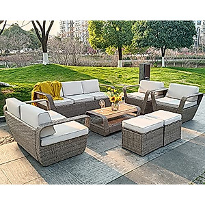 LEISU Outdoor Patio Furniture Sets 3 Pieces Wicker Rattan Outdoor Sectional Sofa Conversation Set for Garden Balcony Backyard Porch (Grey-Ottoman*2+Coffee Table)