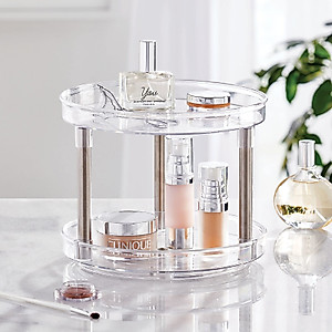 mDesign Plastic Spinning 2-Tier Lazy Susan Turntable Storage Tray - Rotating Organizer for Bathroom Vanity Counter Tops, Under Sink, Closets, Dressers - Clear/Chrome