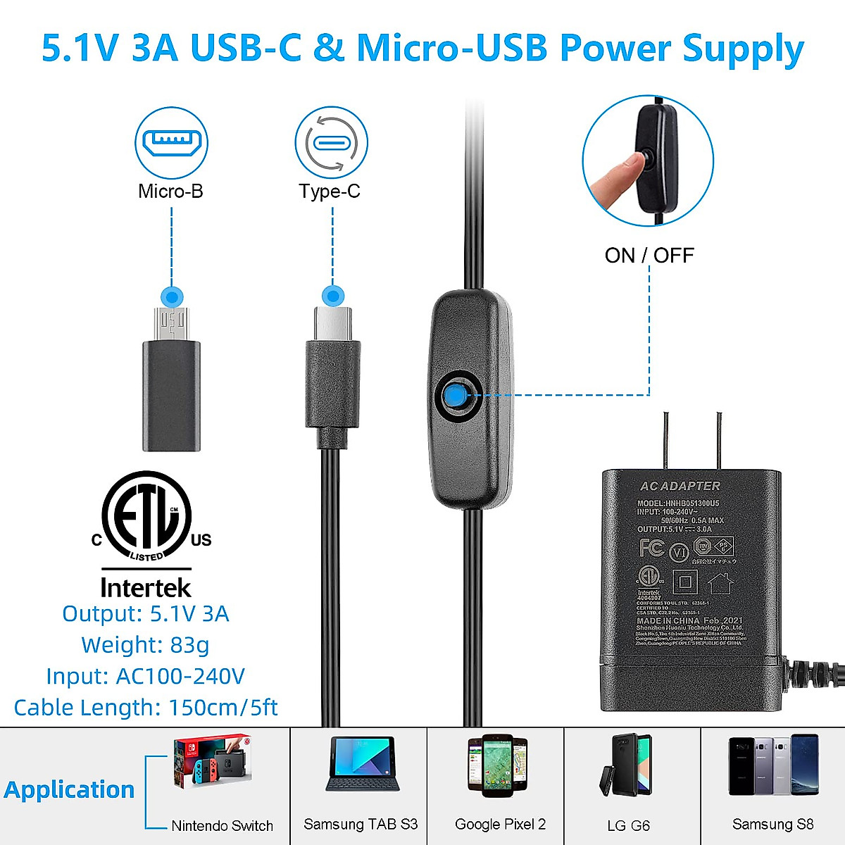 Smraza 5.1V 3A Power Supply Compatible with Raspberry Pi 4 ON/Off Switch, USB-C Pi 4 Charger Raspi 4B Adapter for Raspberry Pi 4 Model B 1GB 2GB 4GB 8GB Version