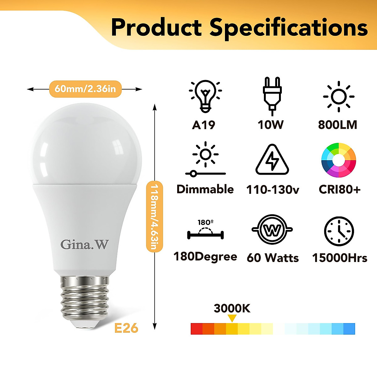 Gina.W led dimmable Light Bulbs 60 watt Soft White Light Bulbs,e26 Light Bulb 800 lumens led Light Bulbs A19 3000K ETL Listed 4 Pack