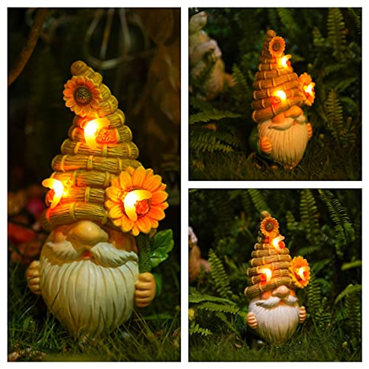 Flocked Garden Gnome Statue, Large Outdoor Gnome with Solar Lights, Funny Garden Figurines for Outdoor Home Yard Decor, Yellow