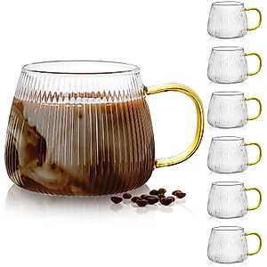 AVLA 6 Pack Glass Coffee Mugs, 16 OZ Unique Vertical Stripes Coffee Cup, Clear Large Tea Glasses with Handle, Vintage Transparent Glassware for Hot/Cold Beverages, Cappuccino, Latte, Espresso, Juice