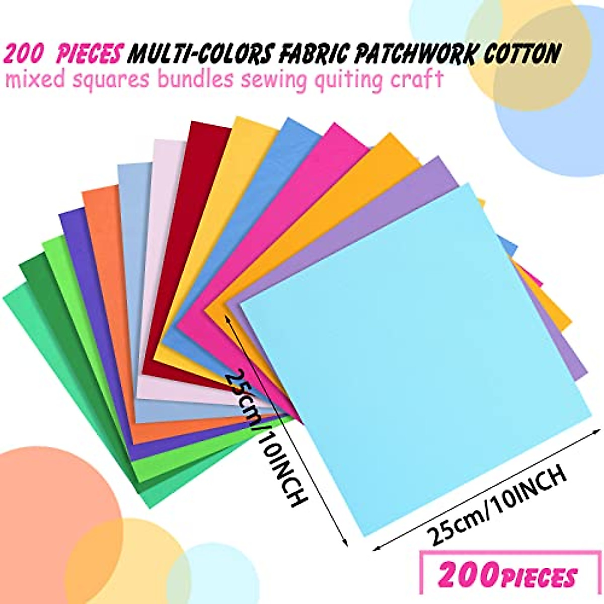 200 Pieces 10 x 10 Inches Solid Color Cotton Fabric Square Fabric Craft Fabric Scraps Multi Color Cotton Quilting Fabric Bundles Patchwork Precut for DIY Craft Sewing Clothing