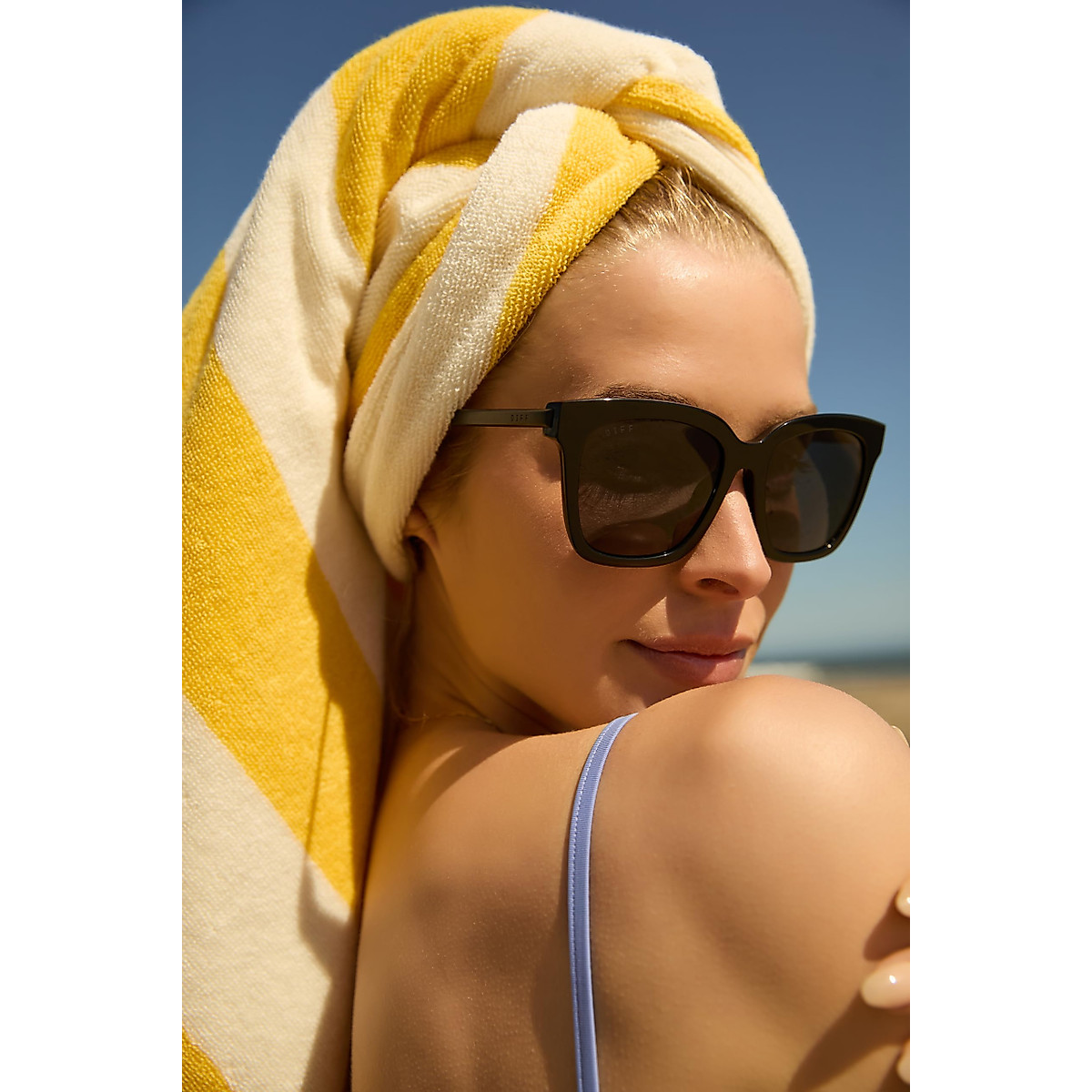 DIFF Bella Designer Oversized Square Sunglasses for Women UV400 Polarized Protection w/giftable travel case, Black + Grey