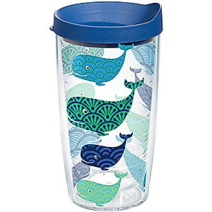 Tervis Whale Pattern Insulated Tumbler with Wrap and Blue Lid, 16oz, Clear