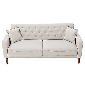 Aoowow Linen Fabric Sofas and Couches 78 Inches Long, Mid Century Modern Couch Tufted Back Sofa with 2 Throw Pillows, Armrest and Wooden Legs for Living Room, Apartment, Bedroom (Beige)