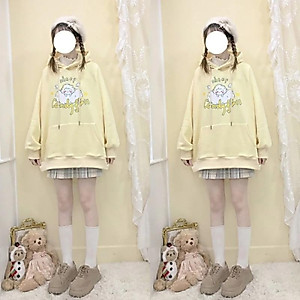 Ordabi Kawaii Hoodie Sheep Graphic Sweatshirt Oversized Aesthetic Pullover Japanese Preppy Alt Clothes Harajuku Streetwear (Apricot,L)