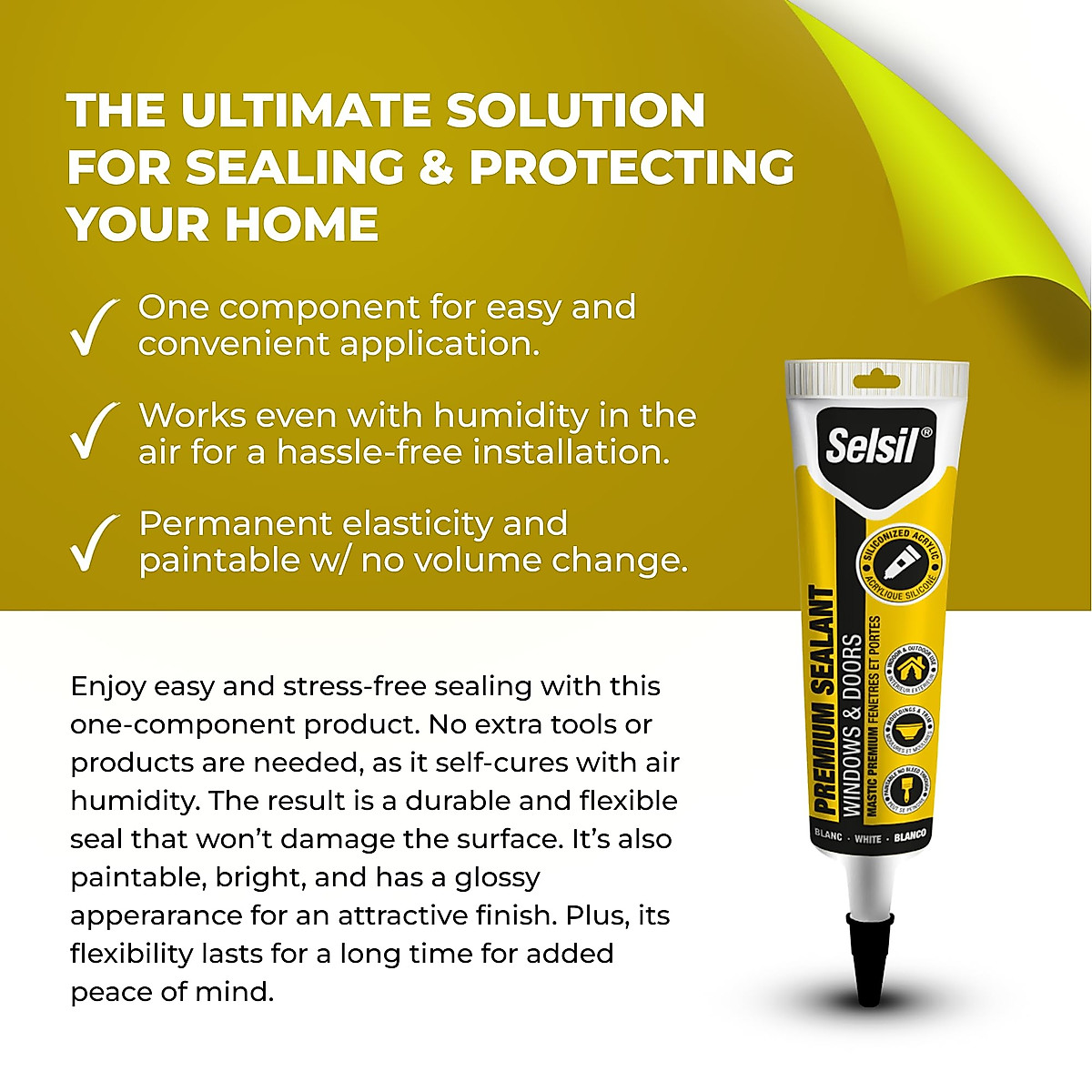 Selsil Siliconized Super Acrylic Latex Sealant, Indoor & Outdoor Paintable Caulk - Flexible, Weather & Moisture Resistant, White Caulking for Baseboards, Windows, Doors & More - 5.5 oz (160 ml)