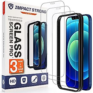 ImpactStrong Shatterproof Tempered Glass Screen Protector for iPhone 12 / iPhone 12 Pro [Easy Installation Frame] [Bubble Free] [9H Hardness] [Full Coverage] Case Friendly, 6.1 Inch - (3-Pack)