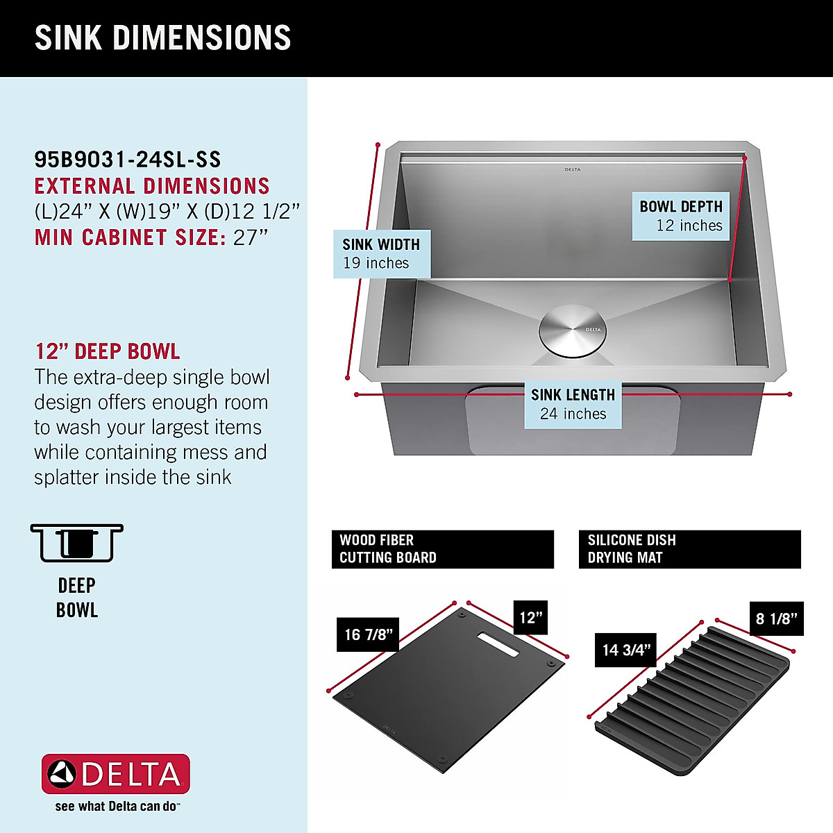 DELTA FAUCET Rivet 24-inch Workstation Laundry Utility Kitchen Sink Undermount 16 Gauge Stainless Steel Single Bowl with WorkFlow Ledge and a Kit of 5 Accessories, 95B9031-24SL-SS
