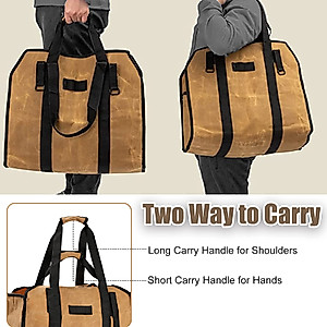 TINY SPARK Large Firewood Tote Log Carrier 2-Way to Carry Waxed Canvas Firewood Carrying Bag Indoor Fire Pit Fireplace Wood Log Case for Outdoor Camping (Khaki)