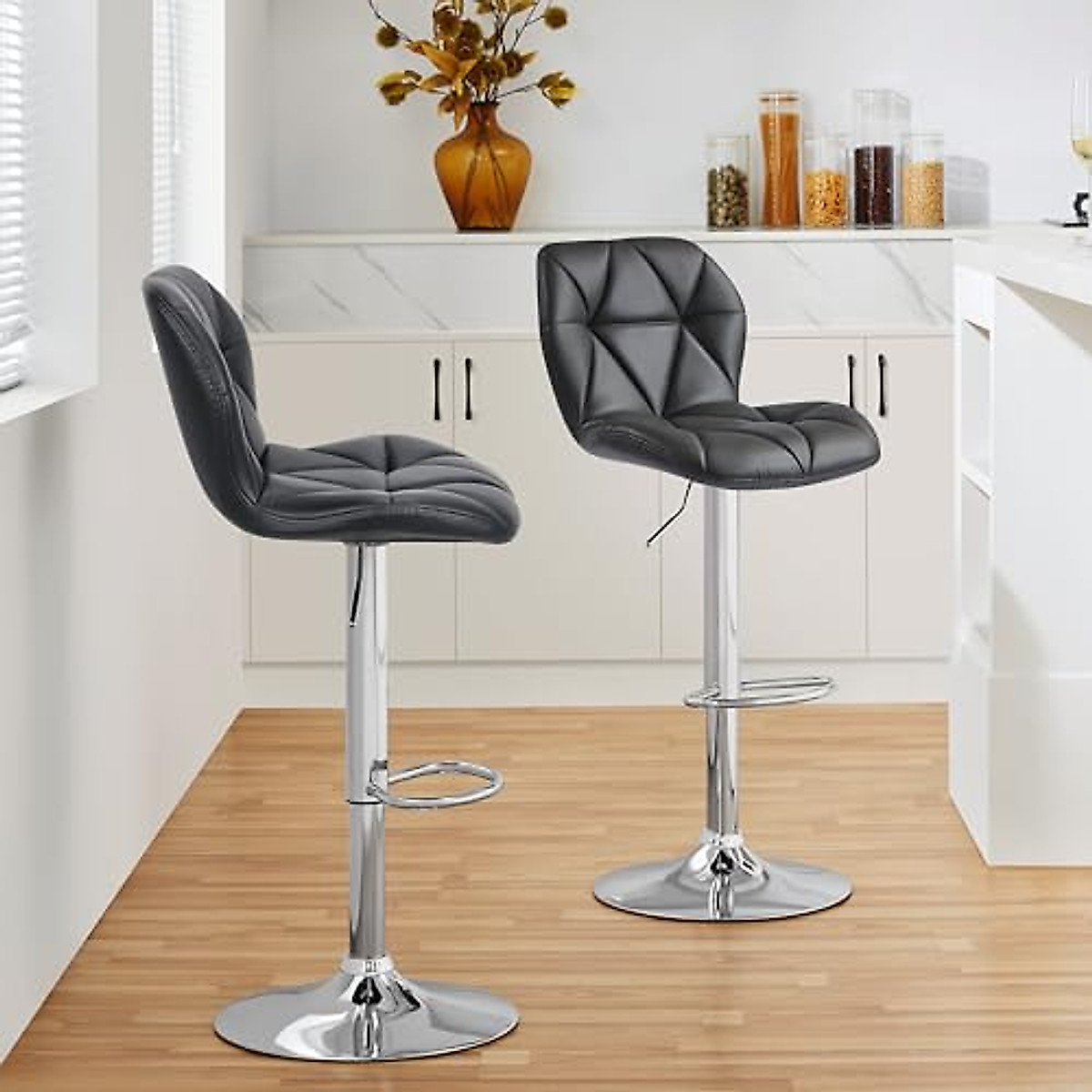 Yaheetech Bar Stools Set of 4, Adjustable PU Leather Swivel Barstools, Modern Counter Stools with Back and Footrest, Counter Height Barstools for Bar, Kitchen, Dining Room, Grey