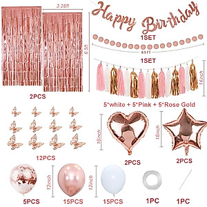 Rose Gold Birthday Party Decorations Kit for Women 73 Pieces, Happy Birthday Banner, Fringe Curtains, Butterfly Decor, Foil Balloons for 13th 16th 20th 21st 30th 35th 50th 60th Girls Men Party Supplies