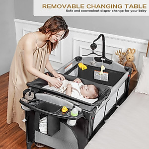 Mereryi Baby Bassinet 5-in-1 Pack and Play Portable Crib for Baby Bed,Multifunction Bedside Crib from Newborn to Toddlers,U-Shaped Diaper Changer,Playard,Safety Strap,Carry Bag,Hanging Toys