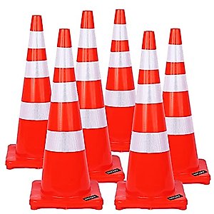 BATTIFE 36" Inch Traffic Safety Cones | 6Pack PVC Cone with Reflective Collars | Weighted Orange Construction Cones for Building Road Driveway Parking Use