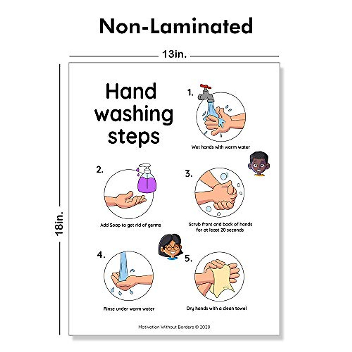 MWB Hand Washing Signs Poster for Kids - Instructions to Wash your Hands for children | Hand Hygiene Health Poster for Elementary Schools, Daycare or Home Decorations| 13" x18" Non Laminated