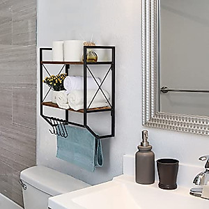 Bathroom Towel Rack 2 Tier Wall Shelf with Towel Bar, Rustic Towel Rack with Shelf for Wall Storage Shelves with Hooks Over Toilet Shelf Wall Mounted Towel Holder Shelf Floating Shelves for Home Brown