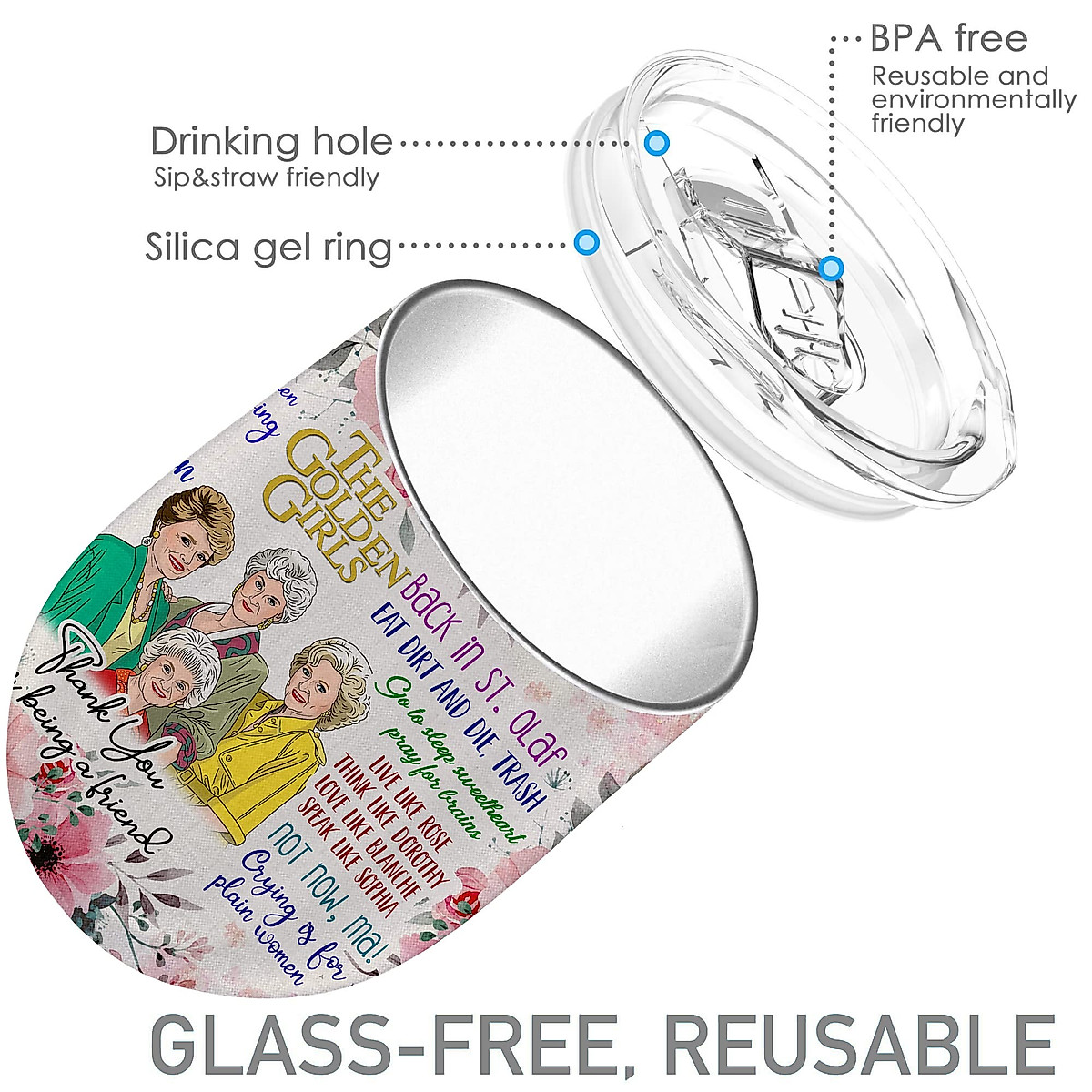 KAIRA Golden Girls Gifts 12 OZ Insulated Wine Tumbler Cup with Lid -Vacuum Stainless Steel Coffee Mug Stemless Cup- Funny Birthday Gifts Idea for Friends Women Girl (White)