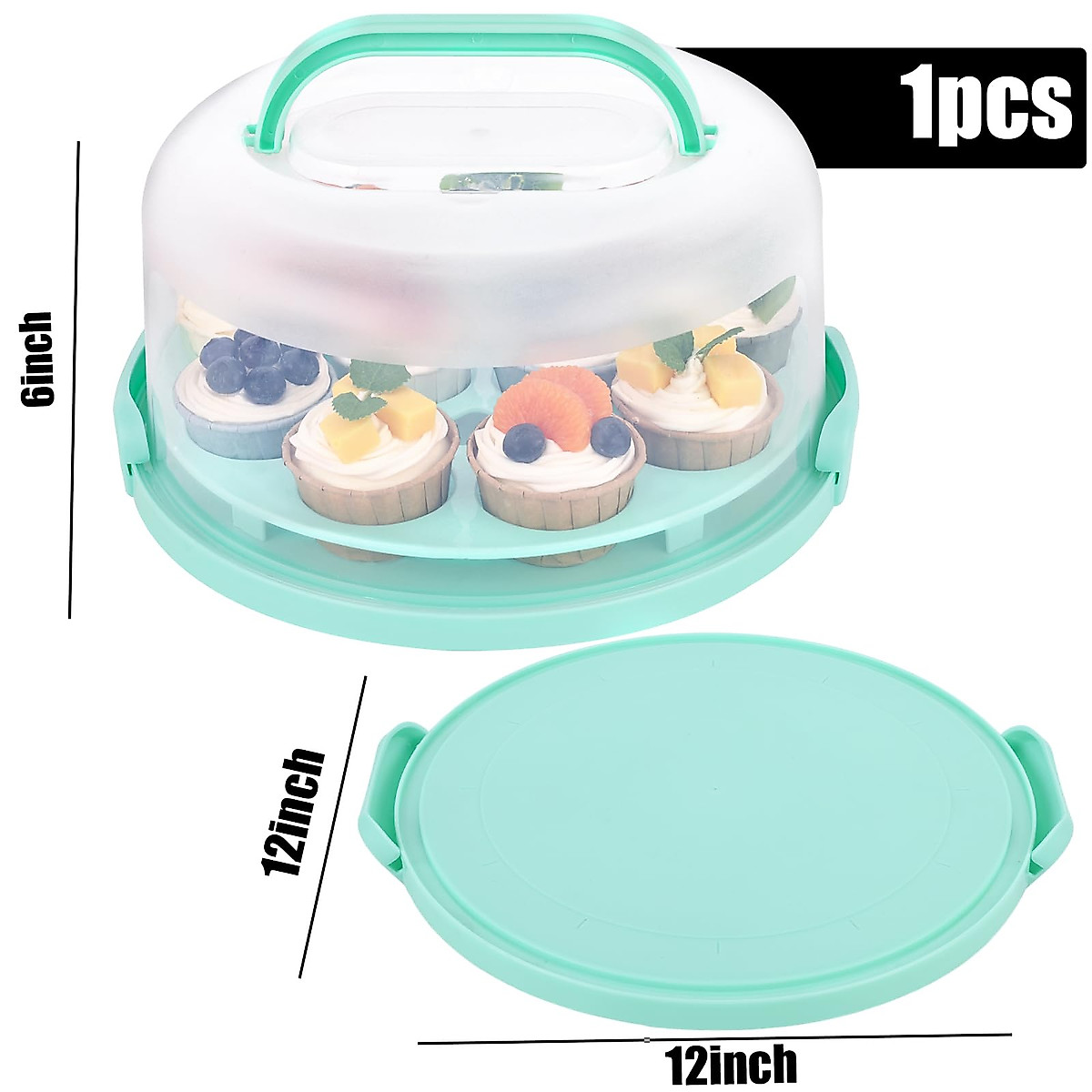 HANSGO Cake Carrier with Lid and Handle, 12x6inch Green Cake Container, Portable Fits 10 inch Cake, 3-in-1 Multipurpose Cake Keeper Holder Platter for Cupcake Devil Eggs Cake Dishwasher Safe