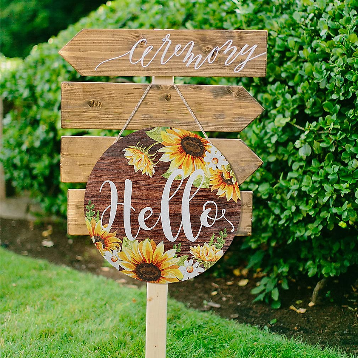 CHDITB Sunflower Welcome Sign Wreath (12''x12''), Rustic Wooden Hello Front Door Decoration Wall Hanging, Round Sunflower Wreaths for Front Door Home Office Farmhouse