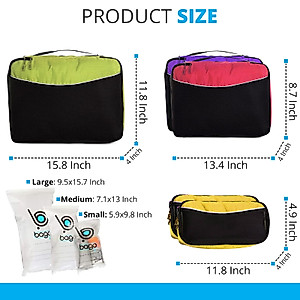 bago 8 Pcs Packing Cubes for Suitcases - 5 Travel Cubes with 3 ZipLock Bags - Luggage Organizer Bags to Get Maximum Storage, Save Time & Effort to Pack - Happy Traveling (Green Red Purple Yellow)