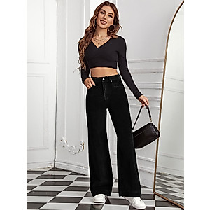 Floerns Women's Hight Waist Corduroy Velvet Slant Pocket Wide Leg Pants Black L