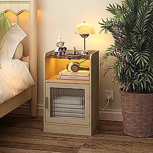 Small Nightstand with Power Outlet and LED Lights, Side End Table with Storage Cabinet, Modern Bedside Table for Bedroom, Living Room (Natural)